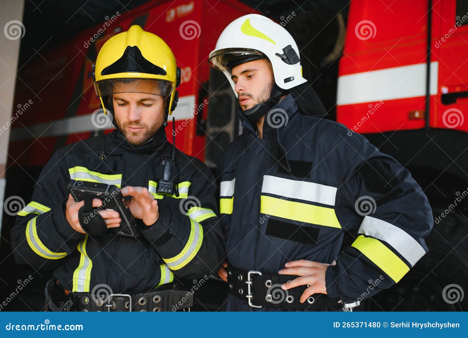 Portrait of Two Firefighters in Fire Fighting Operation, Fireman in ...