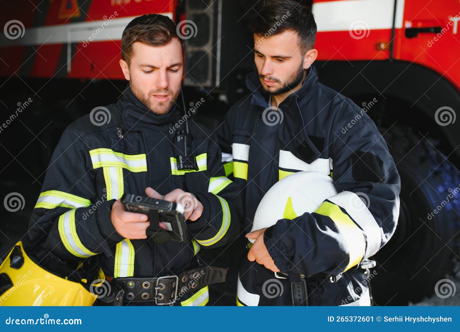 Portrait of Two Firefighters in Fire Fighting Operation, Fireman in ...