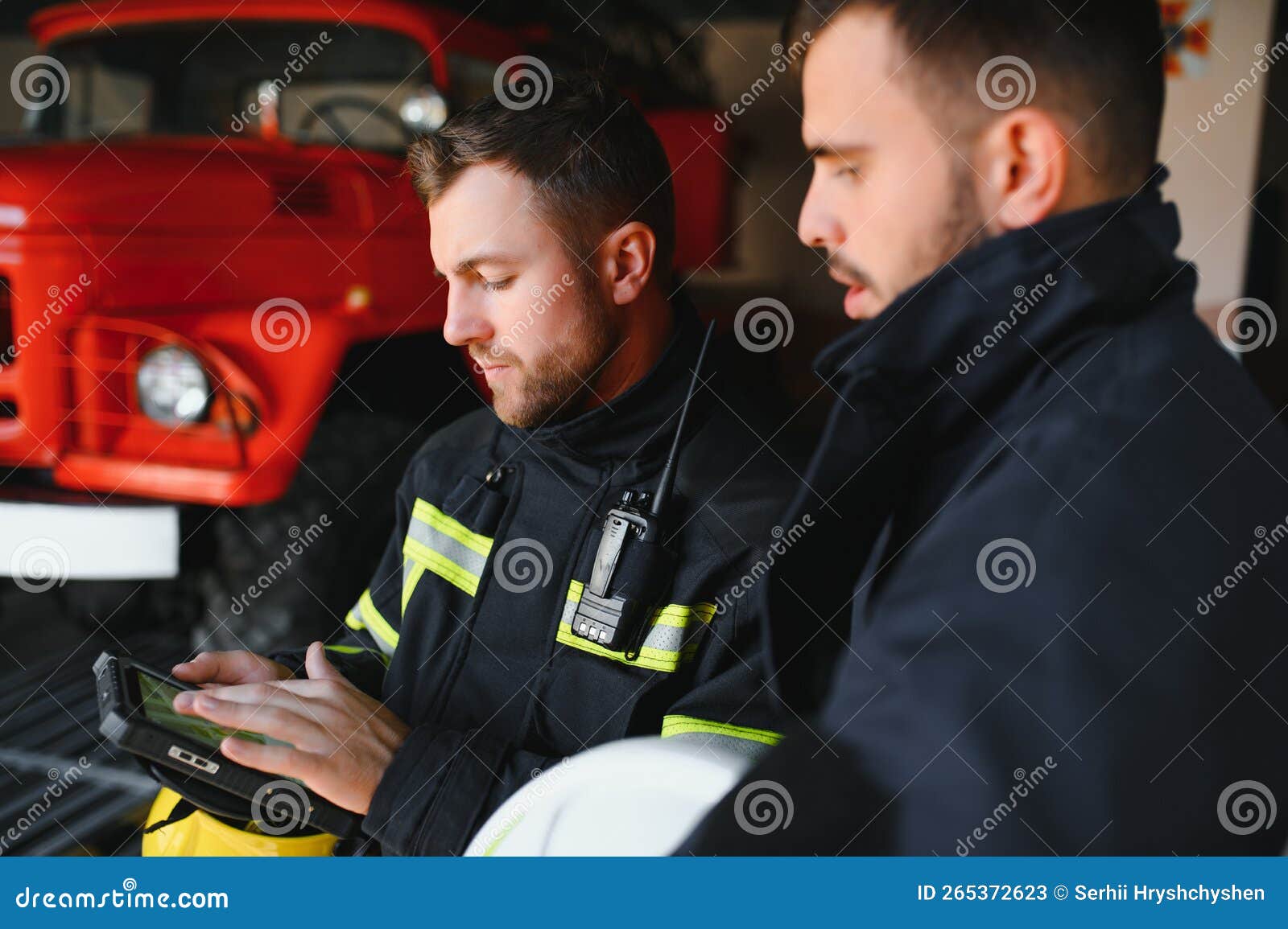 Portrait of Two Firefighters in Fire Fighting Operation, Fireman in ...