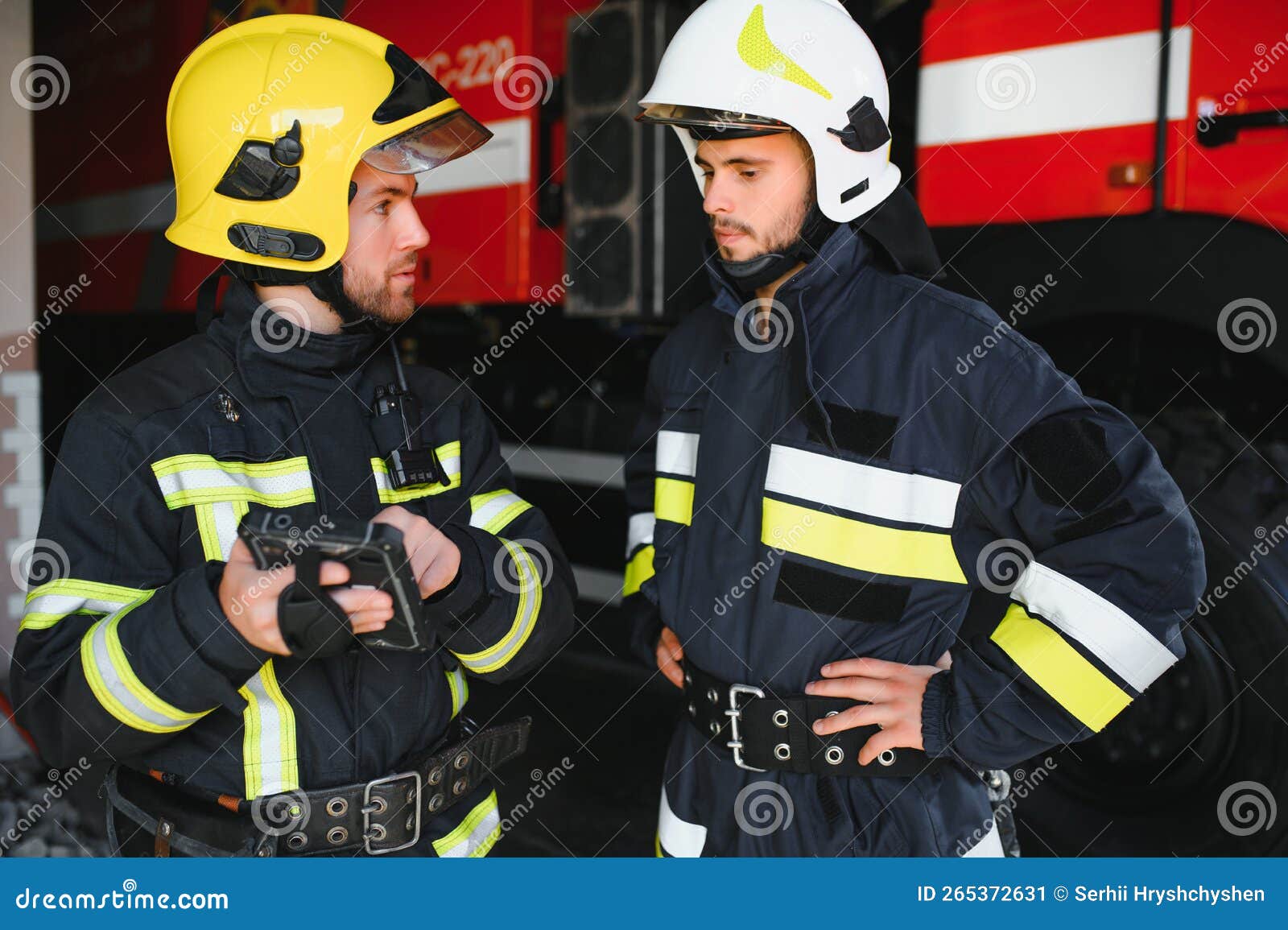 Portrait of Two Firefighters in Fire Fighting Operation, Fireman in ...