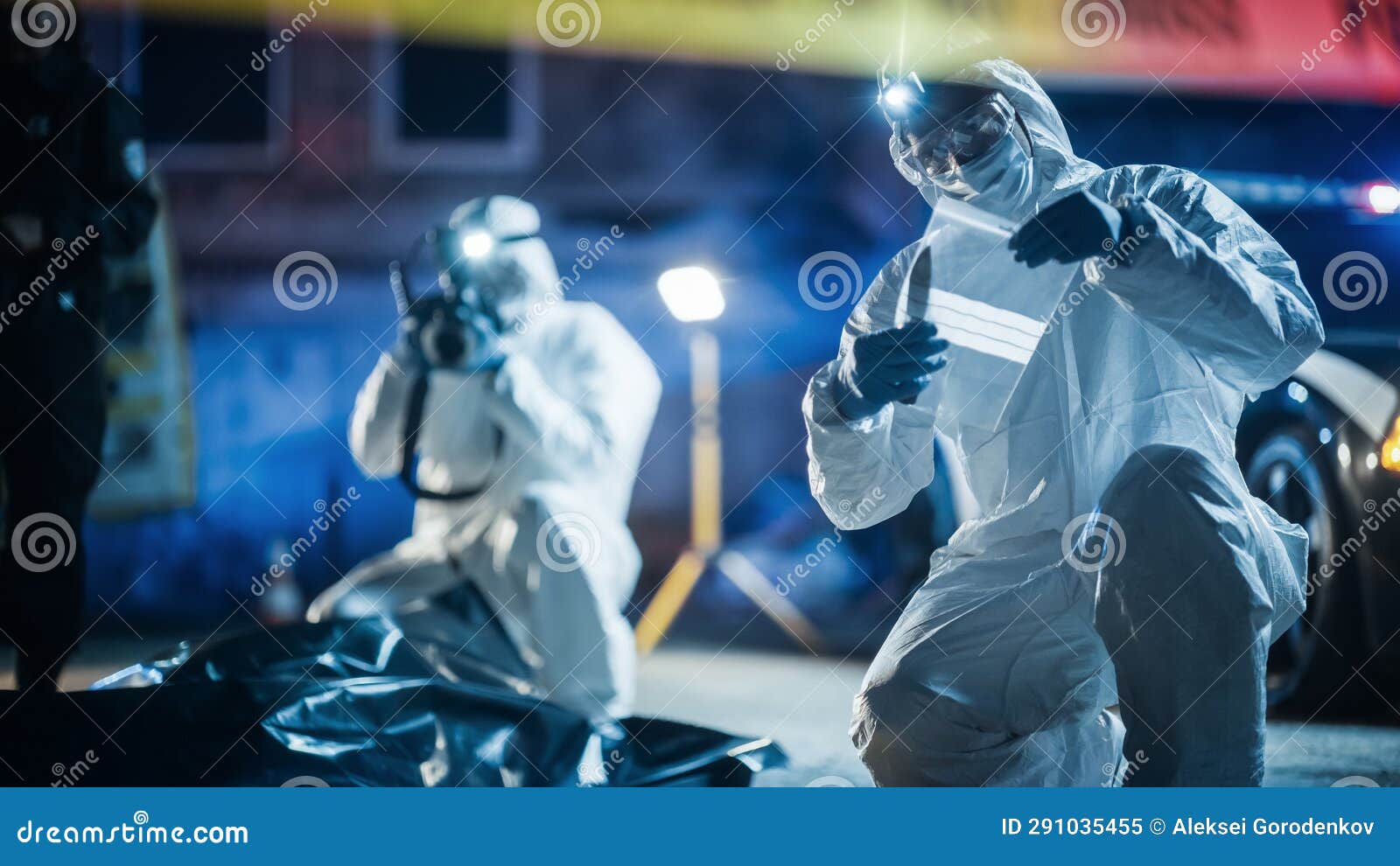 Portrait of Two Forensics Experts Doing Fieldwork at Night at a Crime ...