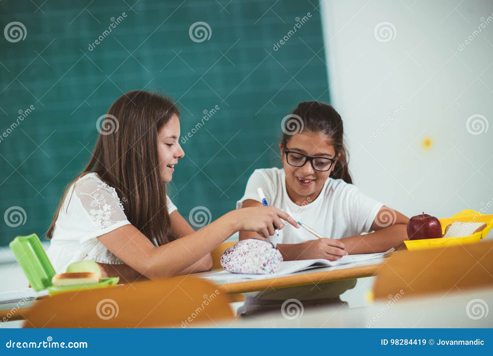 Portrait of Two Girls in the Lunch Break at the School Stock Image ...