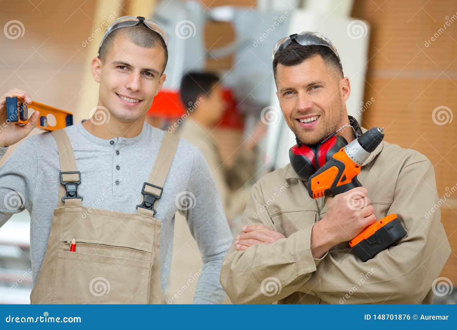 Portrait Two Handsome Workmen Holding Tools Stock Photo - Image of ...