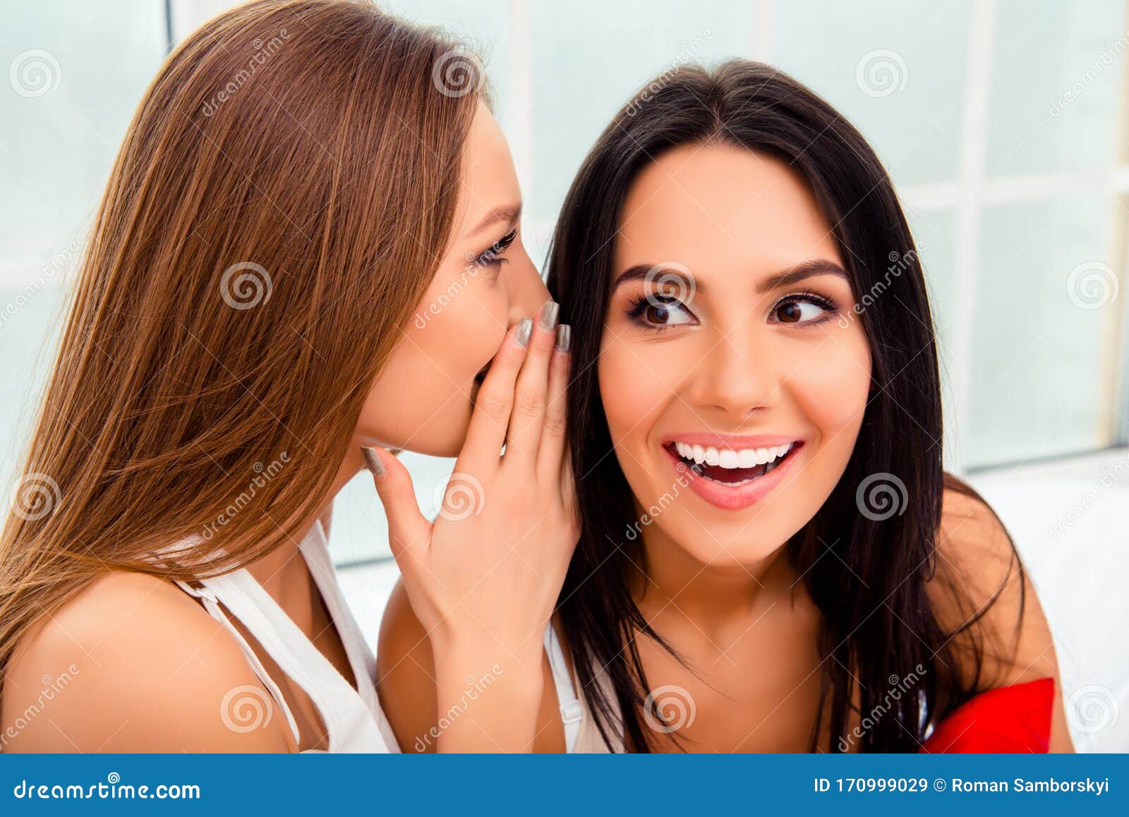 Portrait of Two Happy Gossips Having Private Talk Stock Image - Image ...