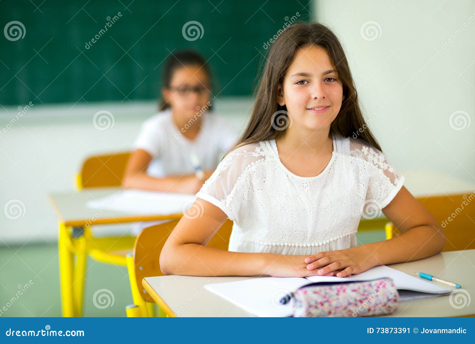 Portrait of Two Happy Schoolgirls in a Classroom Stock Image - Image of ...