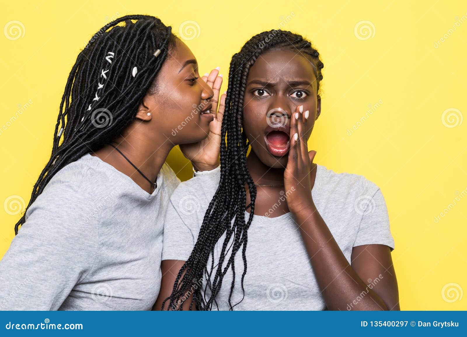 Portrait Of Two Happy Young African Women Sharing Secrets Isolated Over