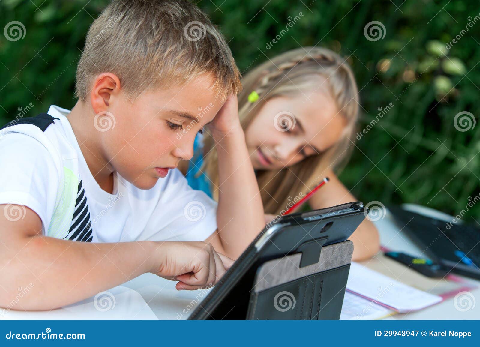 Children Doing Homework Ourdoors. Stock Image - Image of education ...