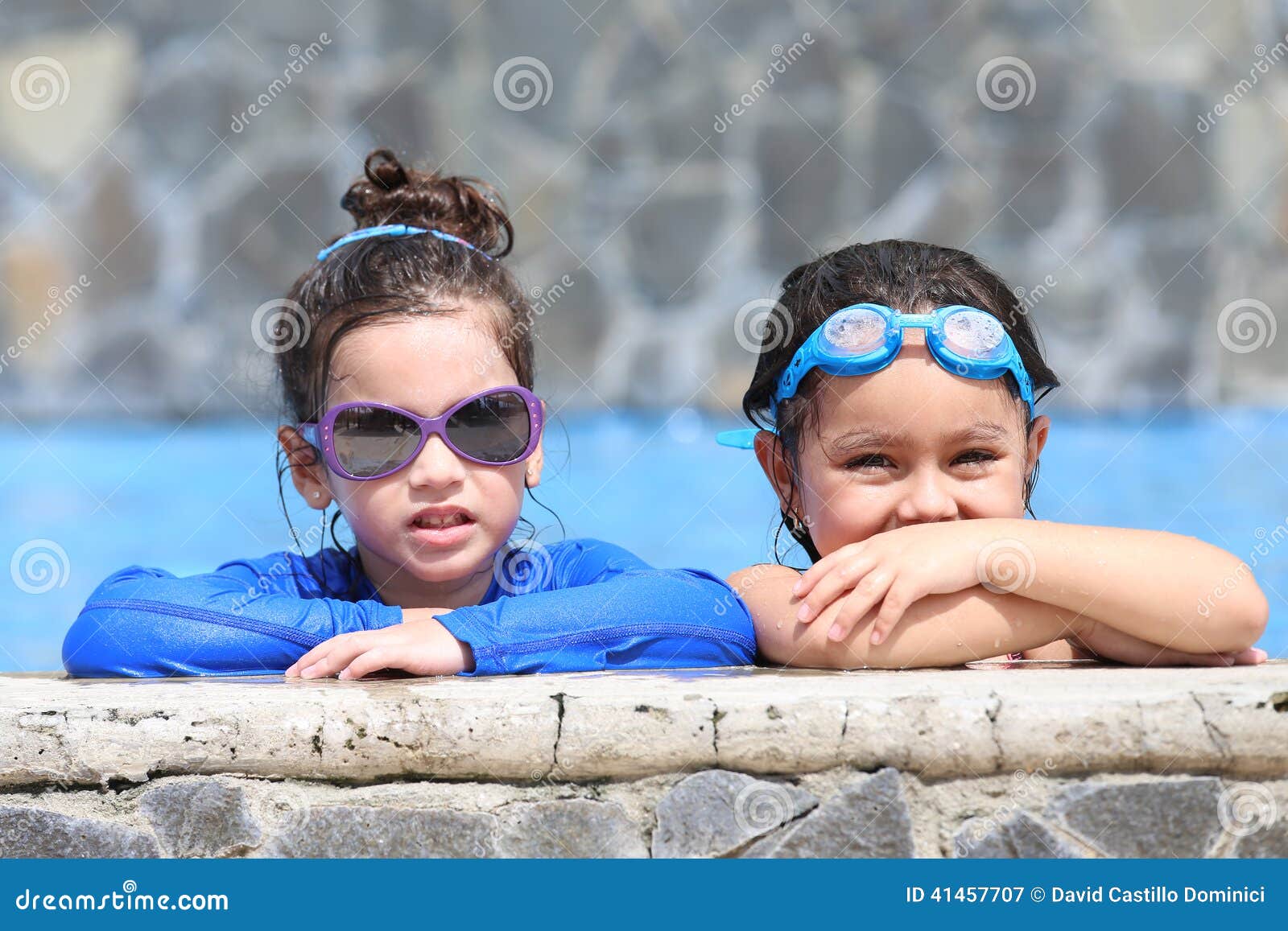 Portrait of Two Little Girls in the Pool Stock Image - Image of pool ...