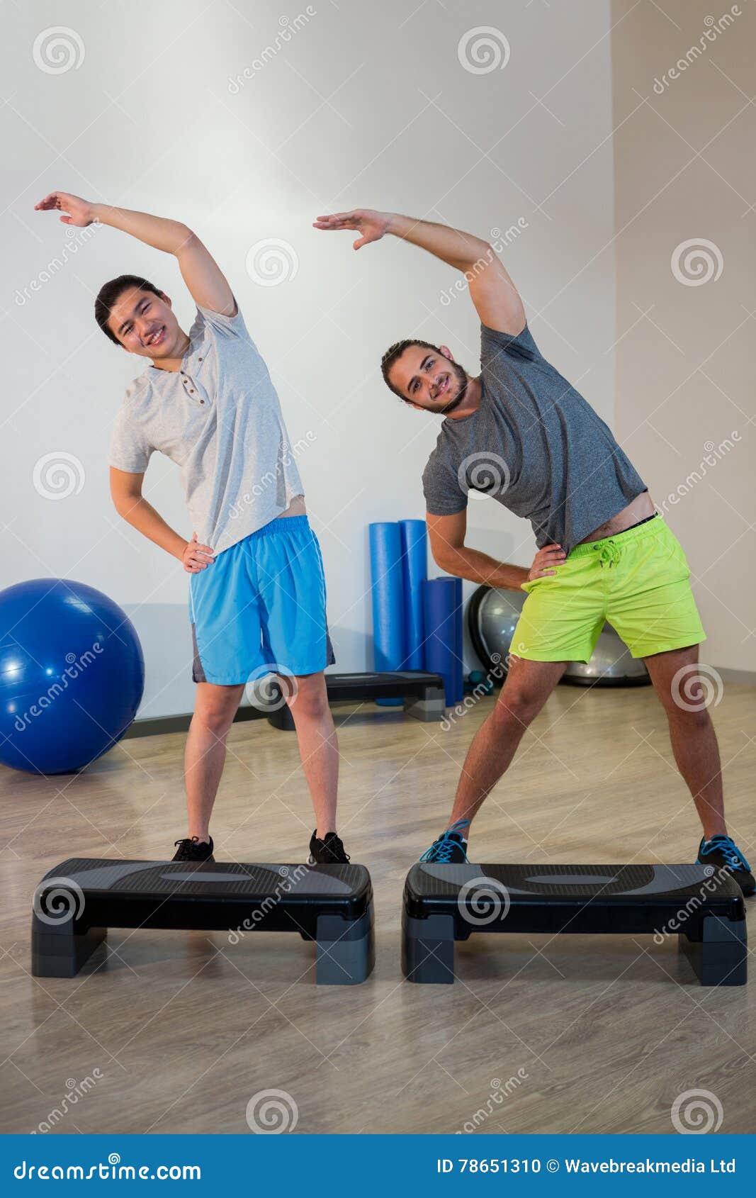 Portrait of Two Men Doing Aerobic Exercise with Stepper Stock Photo ...
