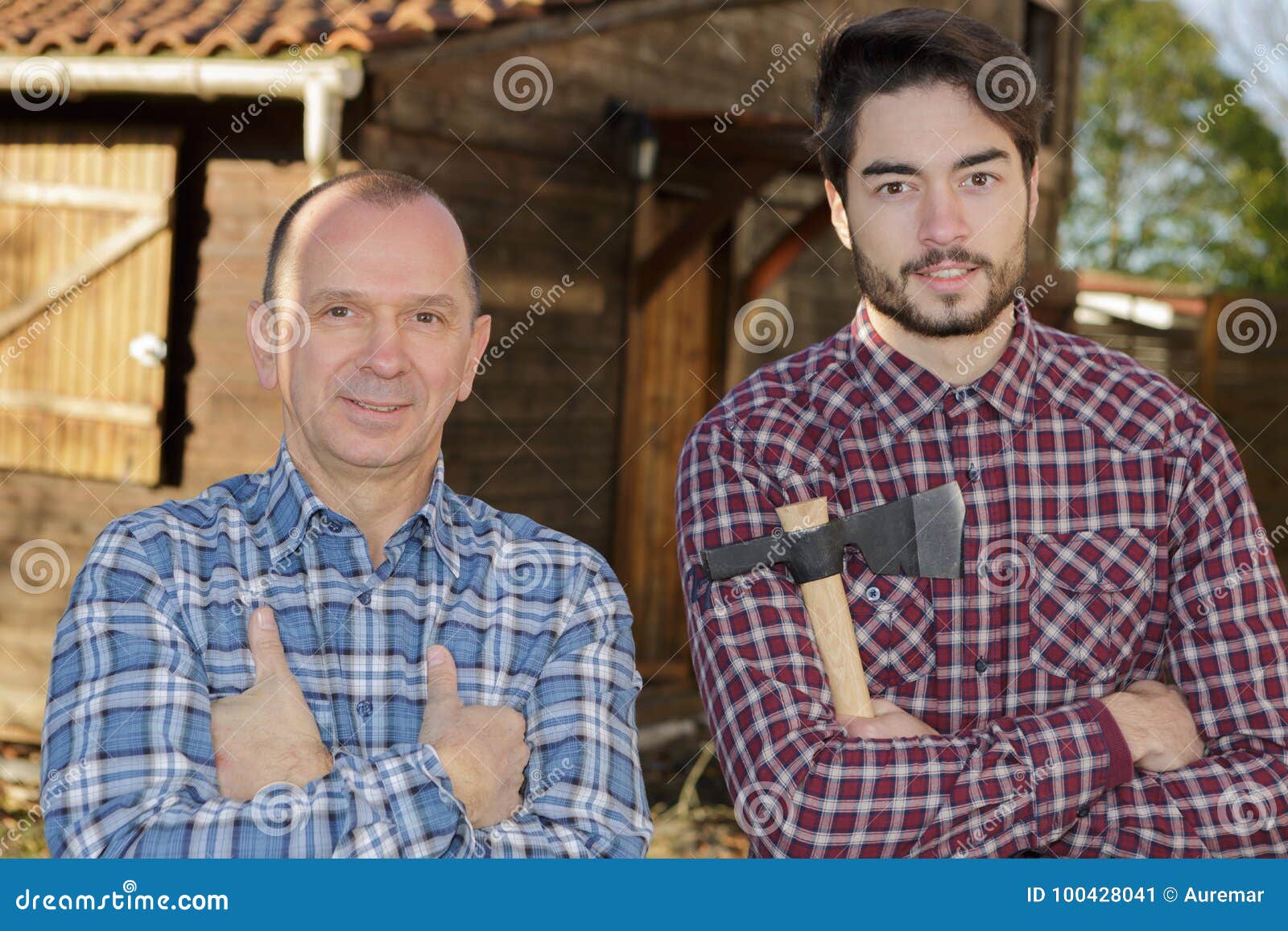 Portrait Two Men One Holding Axe Stock Image - Image of people, smile ...