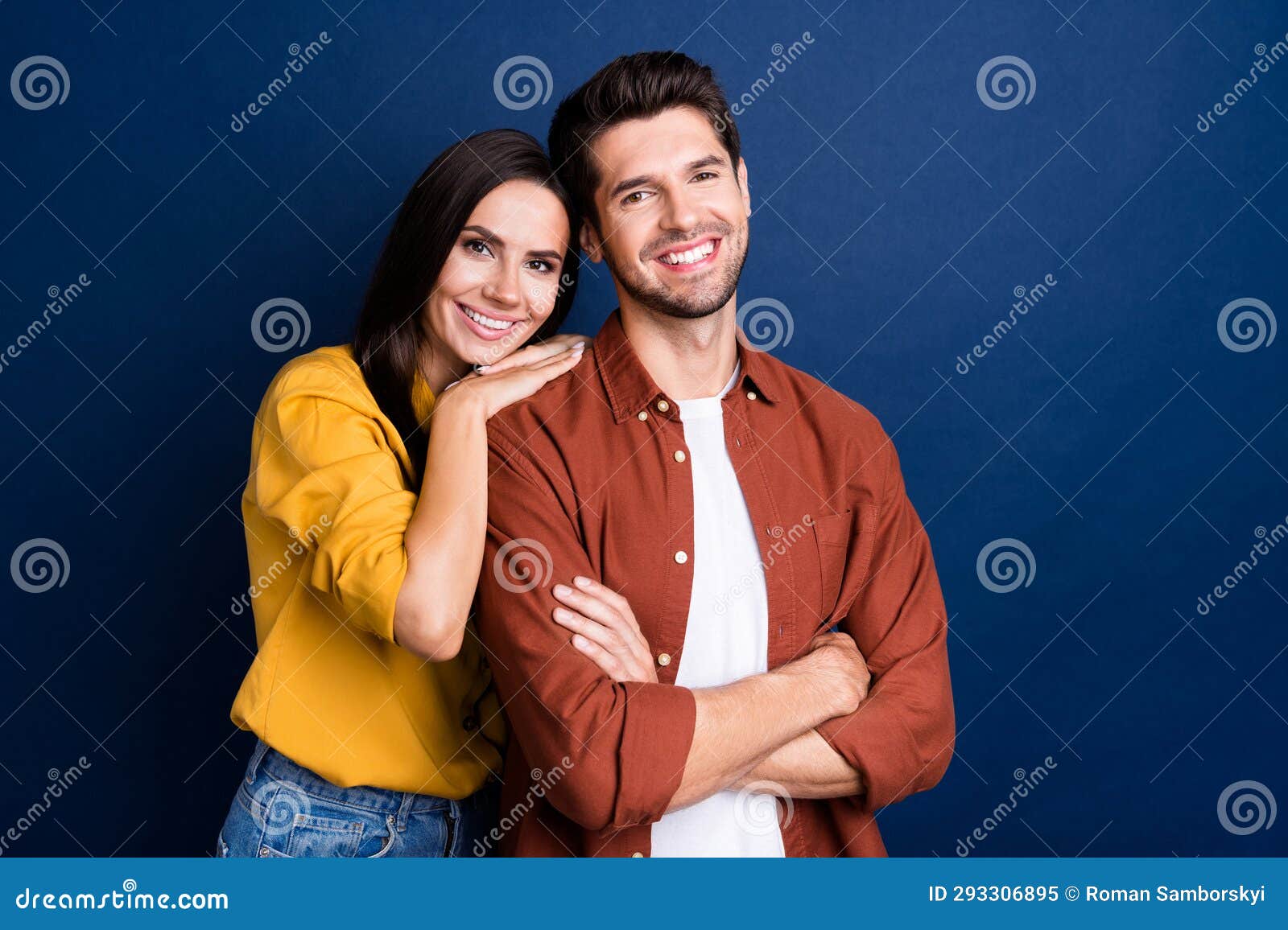Portrait Of Two Peaceful Cheerful Partners Toothy Smile Embrace Crossed