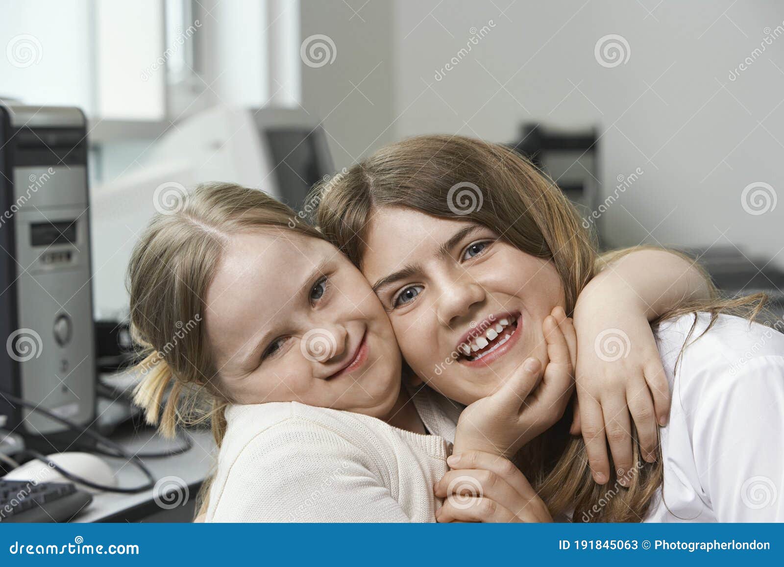 Portrait of Two Sisters (10-15) Hugging Stock Image - Image of head ...