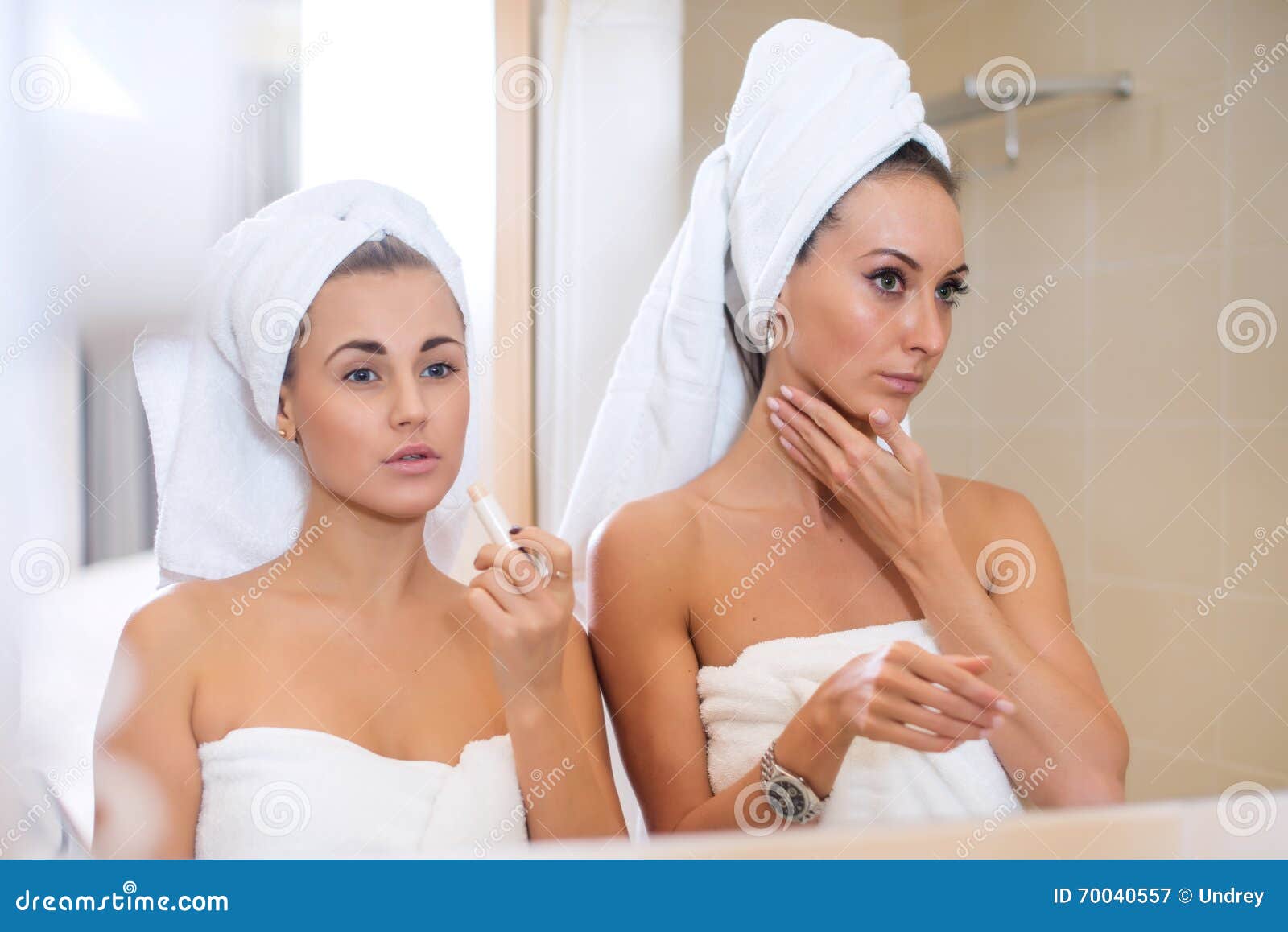 Portrait of Two Women Doing Make Up Together in Morning Stock Image ...