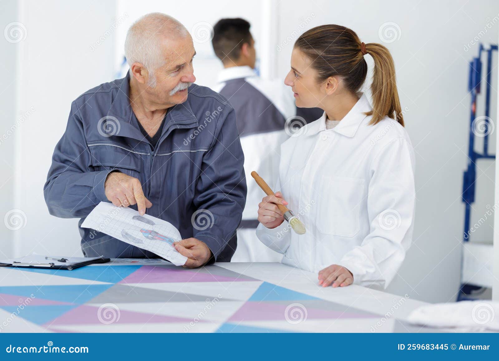 Portrait Two Workers Decorating Team Stock Image - Image of crossed ...