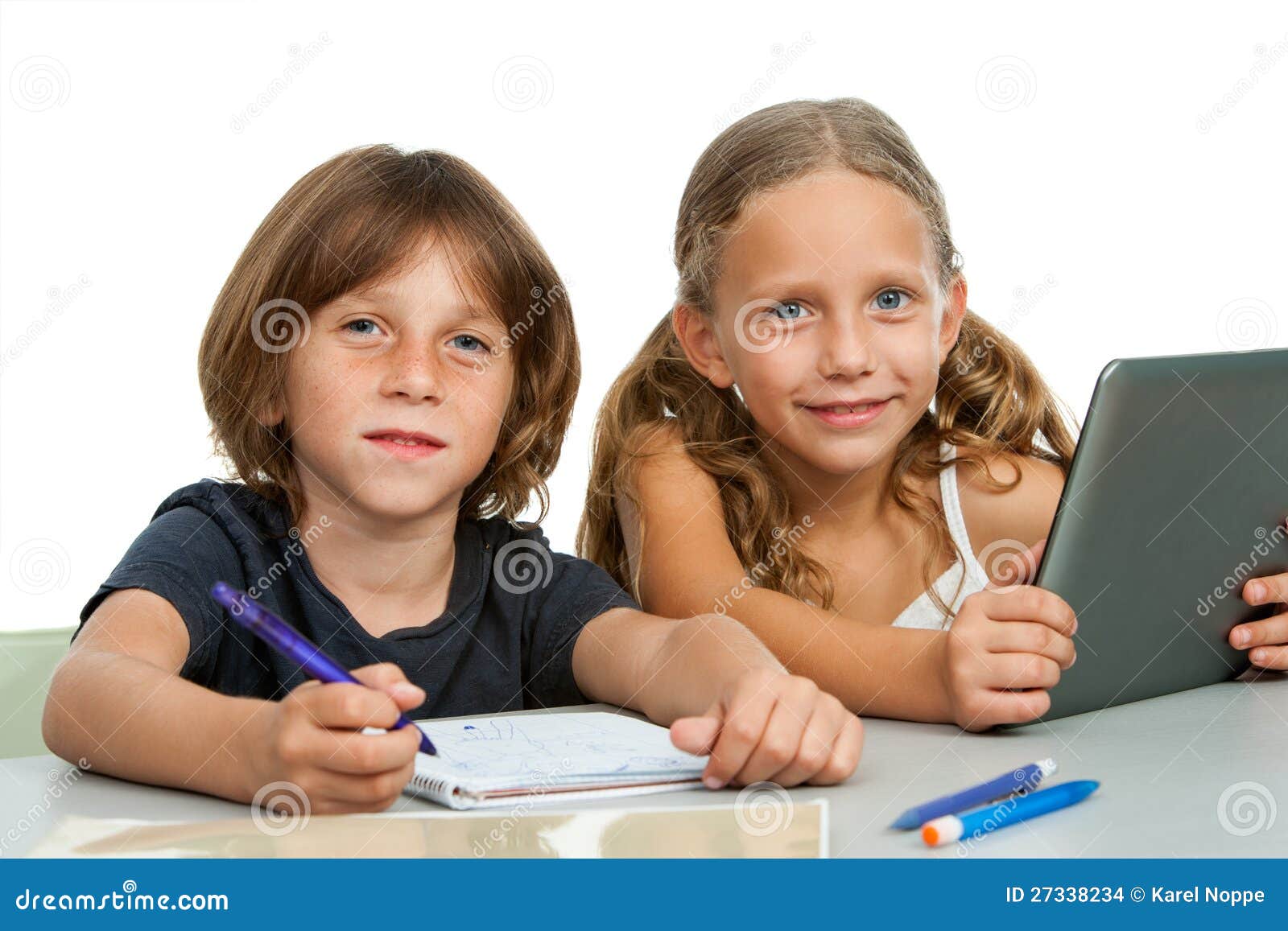Portrait of Two Young Students at Desk. Stock Photo - Image of desk ...