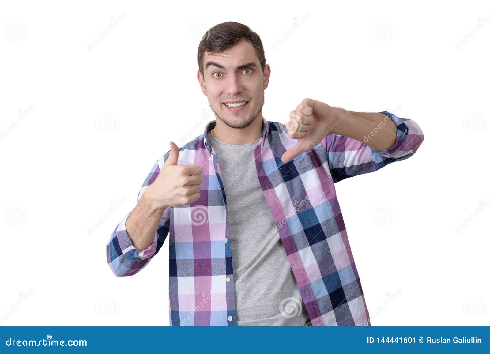 Portrait of Uncertain Man with Thumbs Up Thumbs Down Stock Image ...