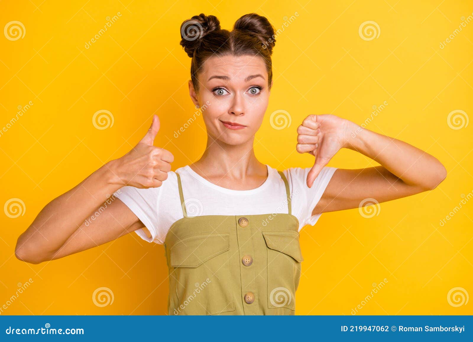Portrait Of Unsure Brunette Nice Lady Show Thumb Up Down Wear Bright T