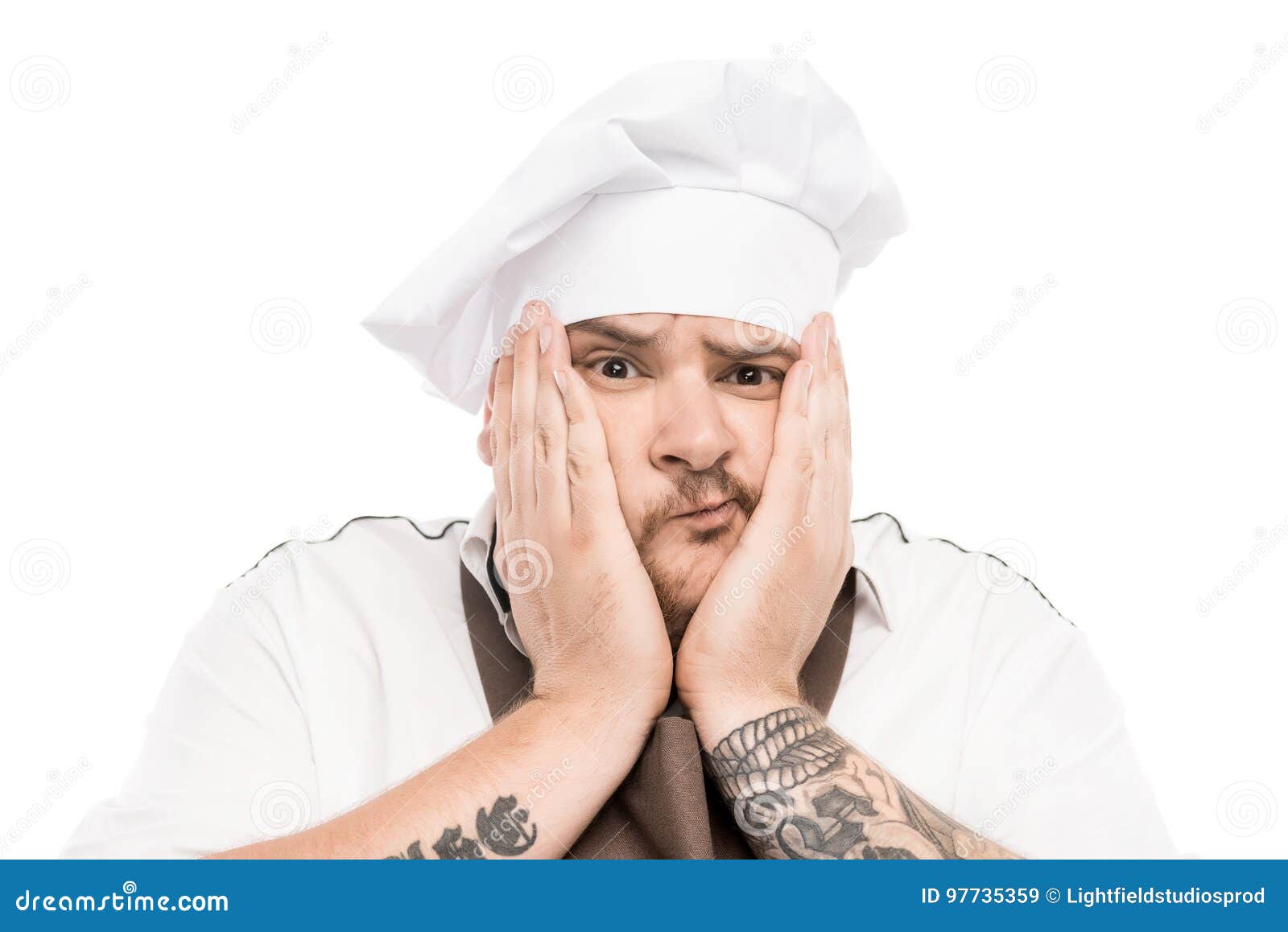 Portrait of Upset Chef with Hands on Chicks Looking at Camera Stock ...