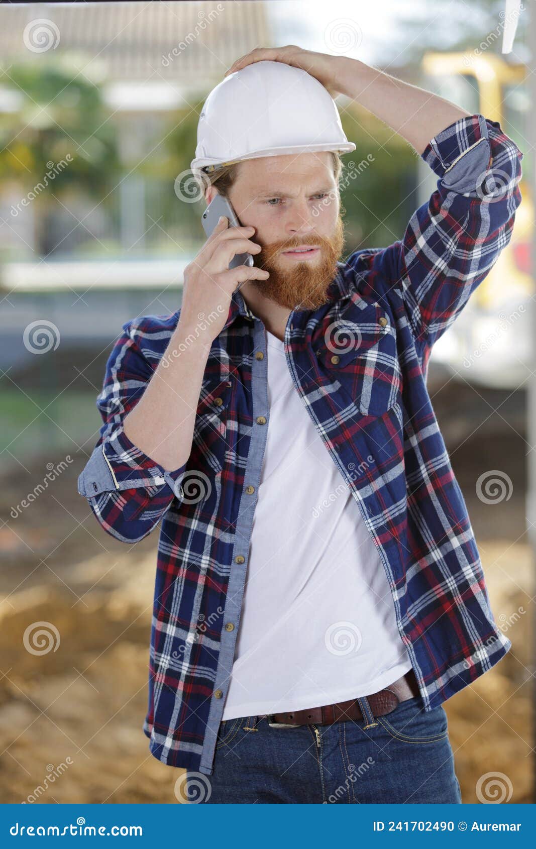 Portrait Upset Construction Worker Talking To Phone Stock Photo - Image ...