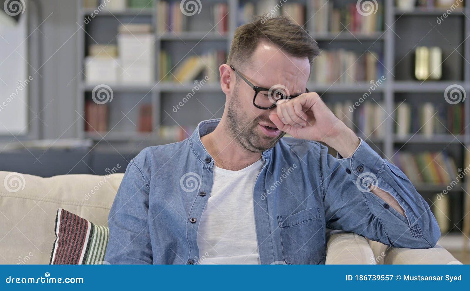 Portrait of Upset Man Sitting on Sofa and Crying Stock Image - Image of ...