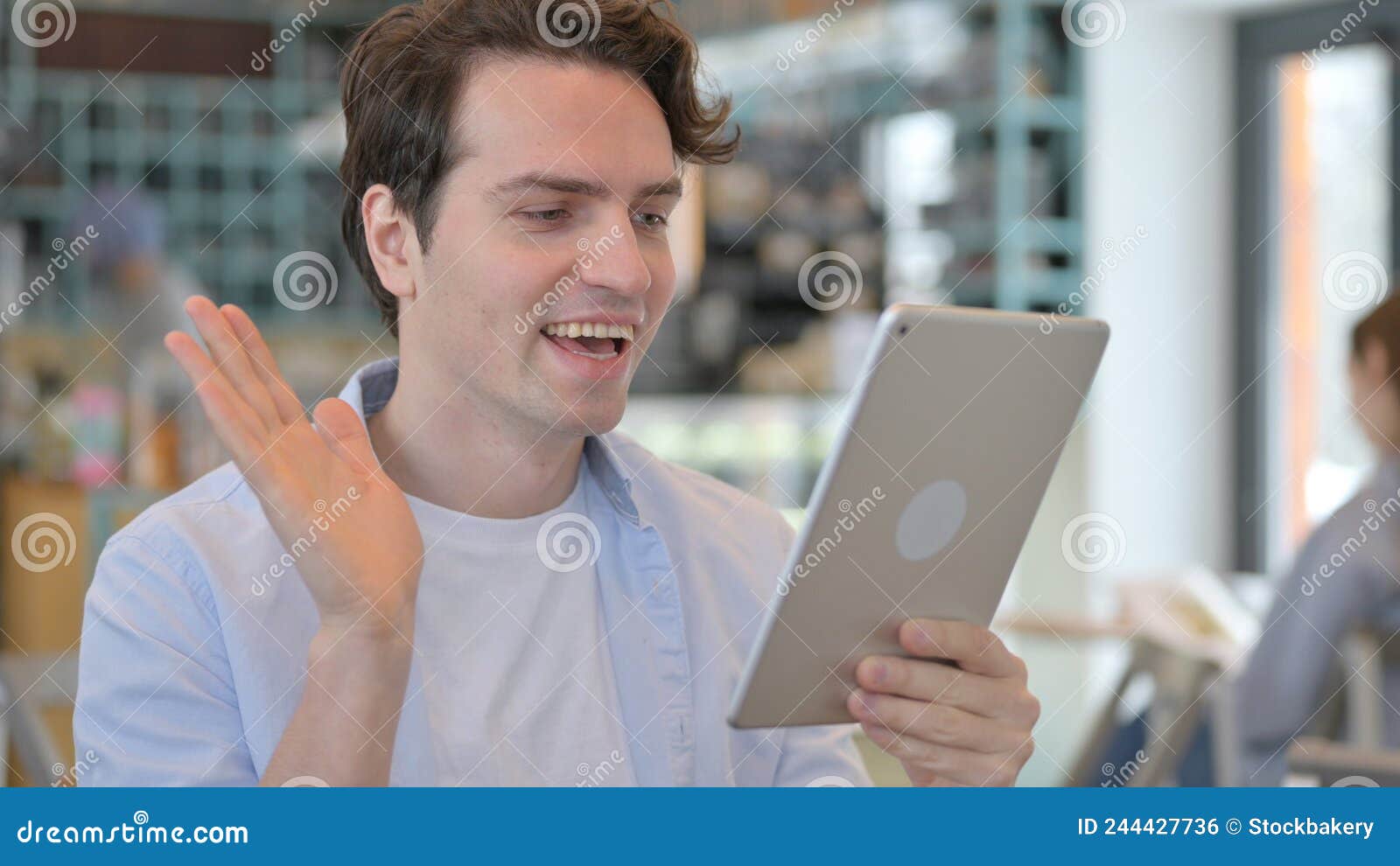 Portrait of Video Call on Tablet by Man Stock Photo - Image of indoor ...