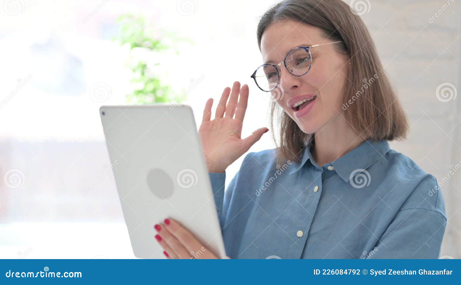 Portrait of Video Call on Tablet by Woman Stock Photo - Image of ...