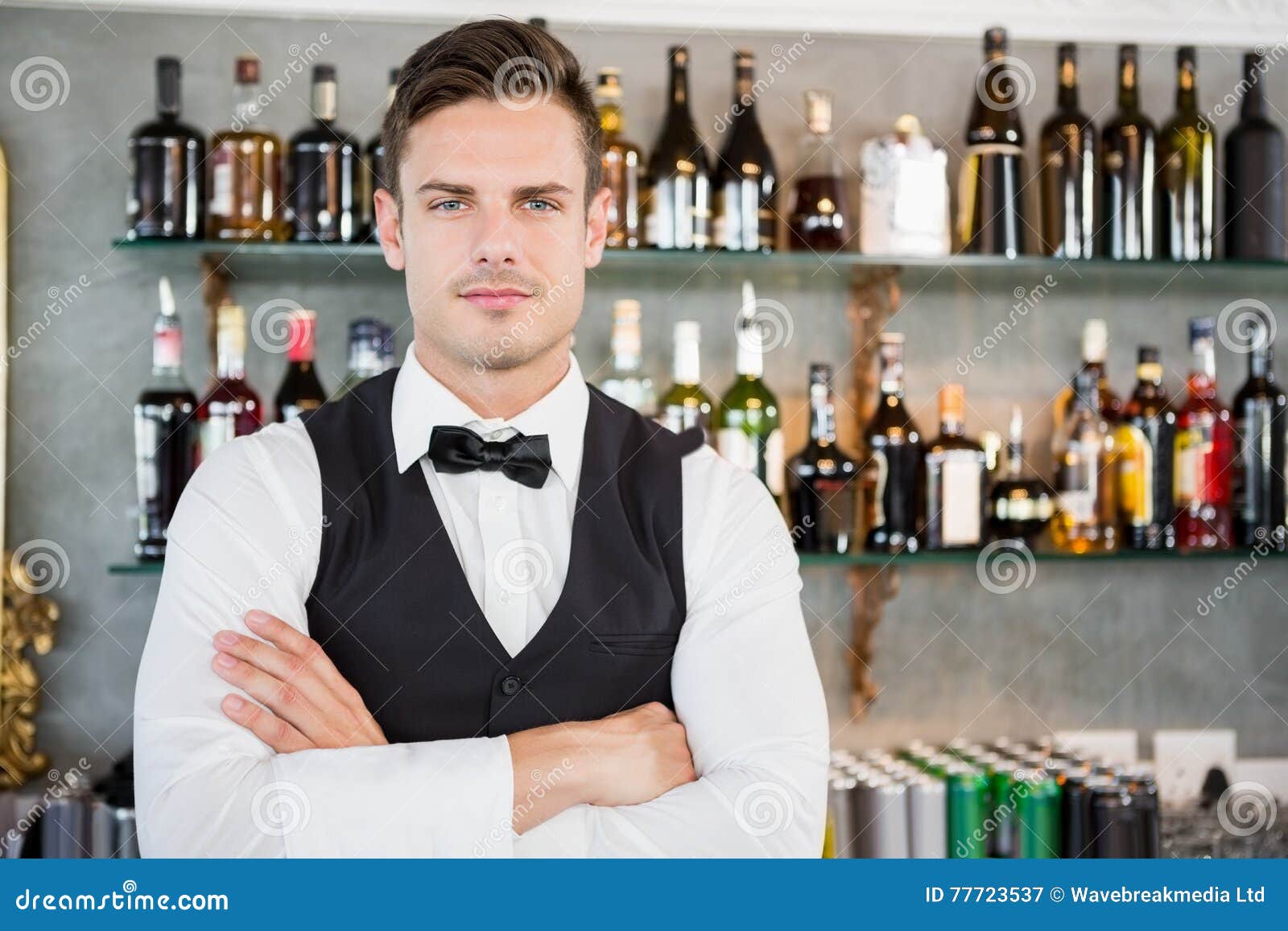 Portrait of Waiter Standing at Bar Counter Stock Image - Image of ...