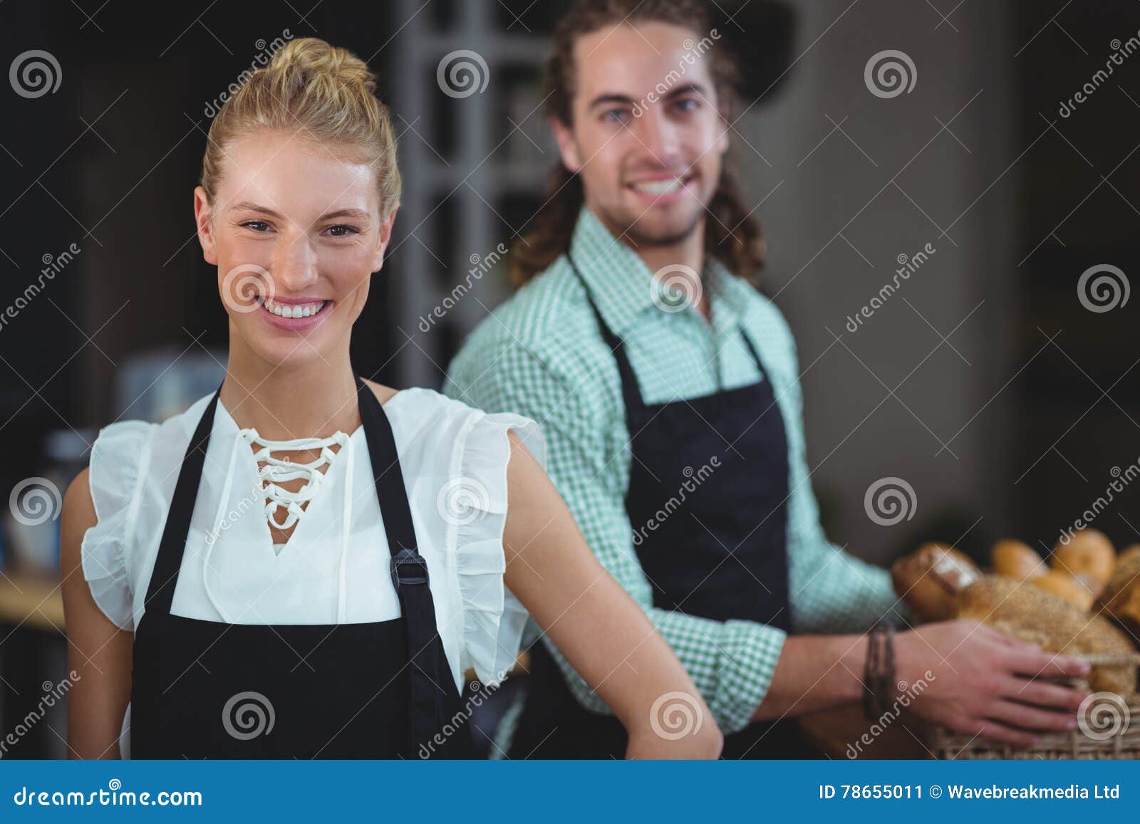 Portrait of Waiter and Waitress Working Behind the Counter Stock Image ...