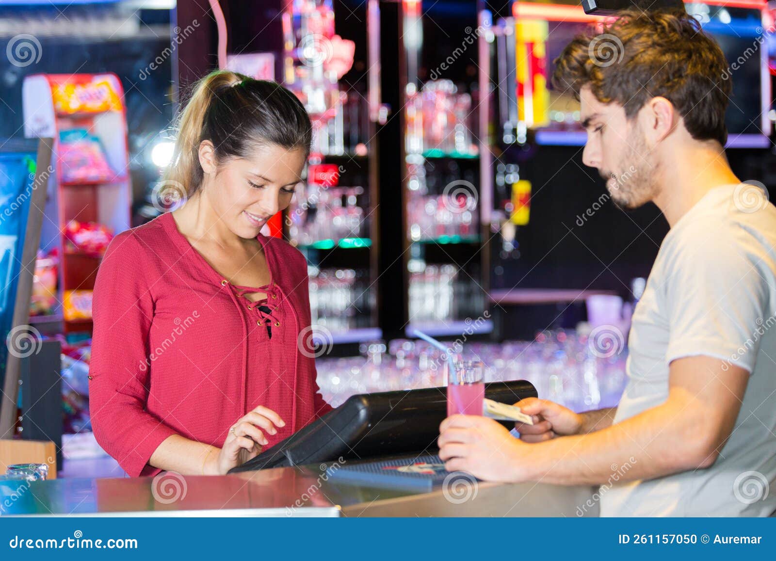 Portrait Waitress Charging Customer Bill Stock Photo - Image of ...