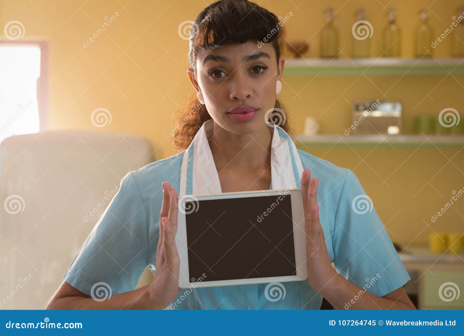Waitress Holding Digital Tablet in Restaurant Stock Image - Image of ...