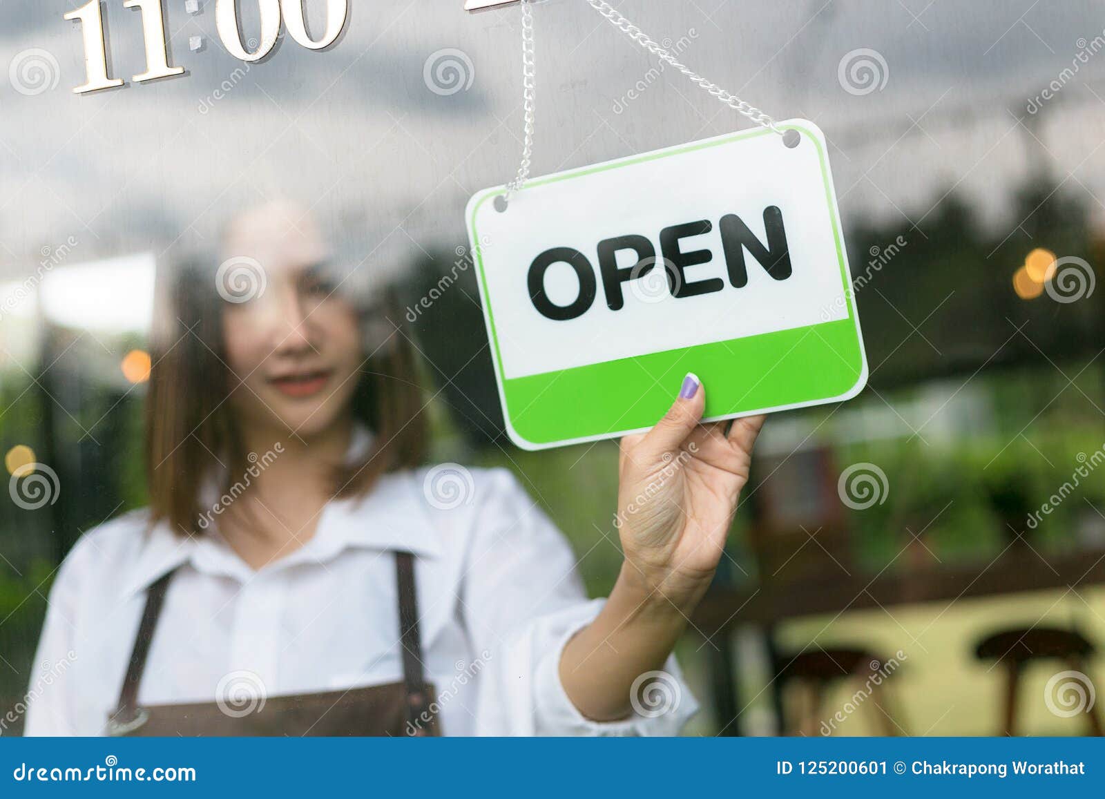 Portrait of Waitress Open Sign in Street Cafe. Stock Image - Image of ...