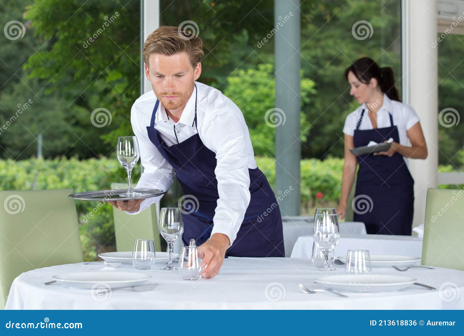 Portrait Waitress Setting Table Stock Photo - Image of glove, serving ...