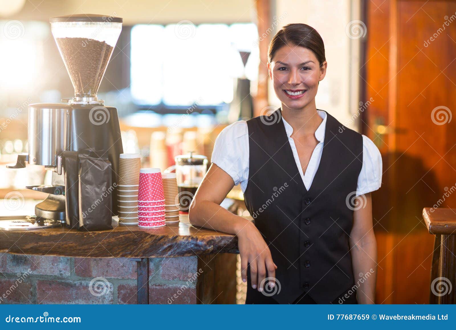 Portrait of Waitress Standing at Counter Stock Image - Image of adult ...
