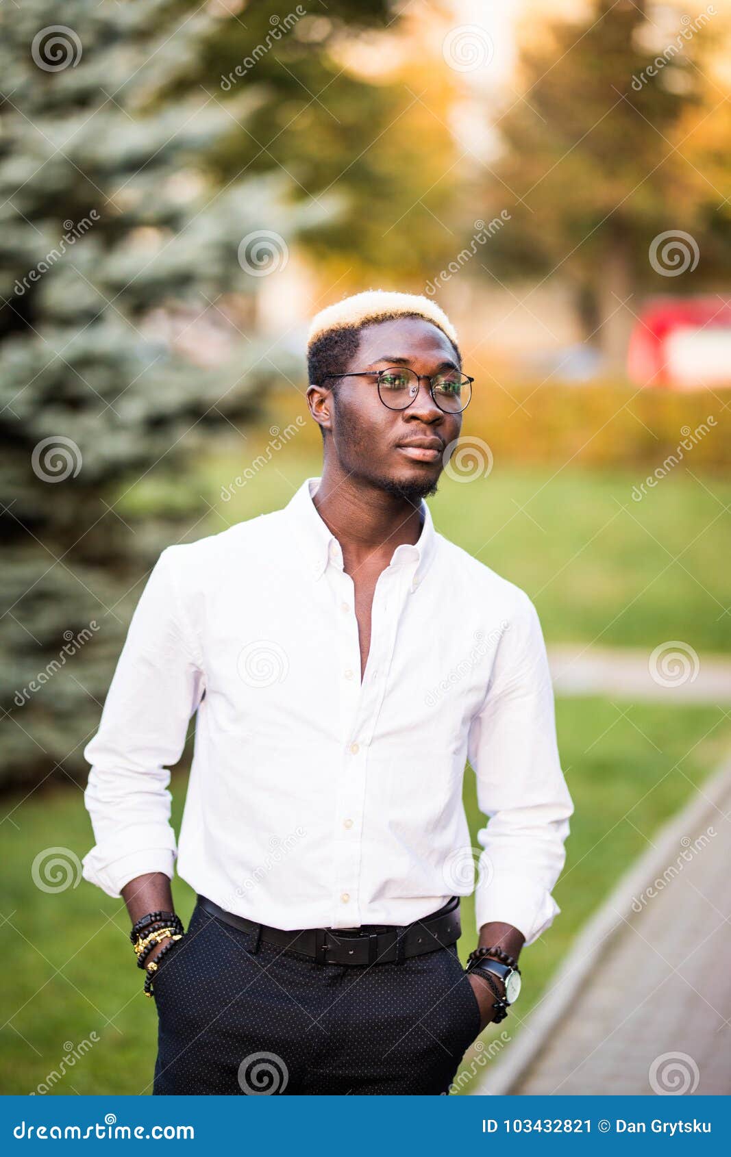 Portrait Of Walking Stylish African American Man Wear On Glasses