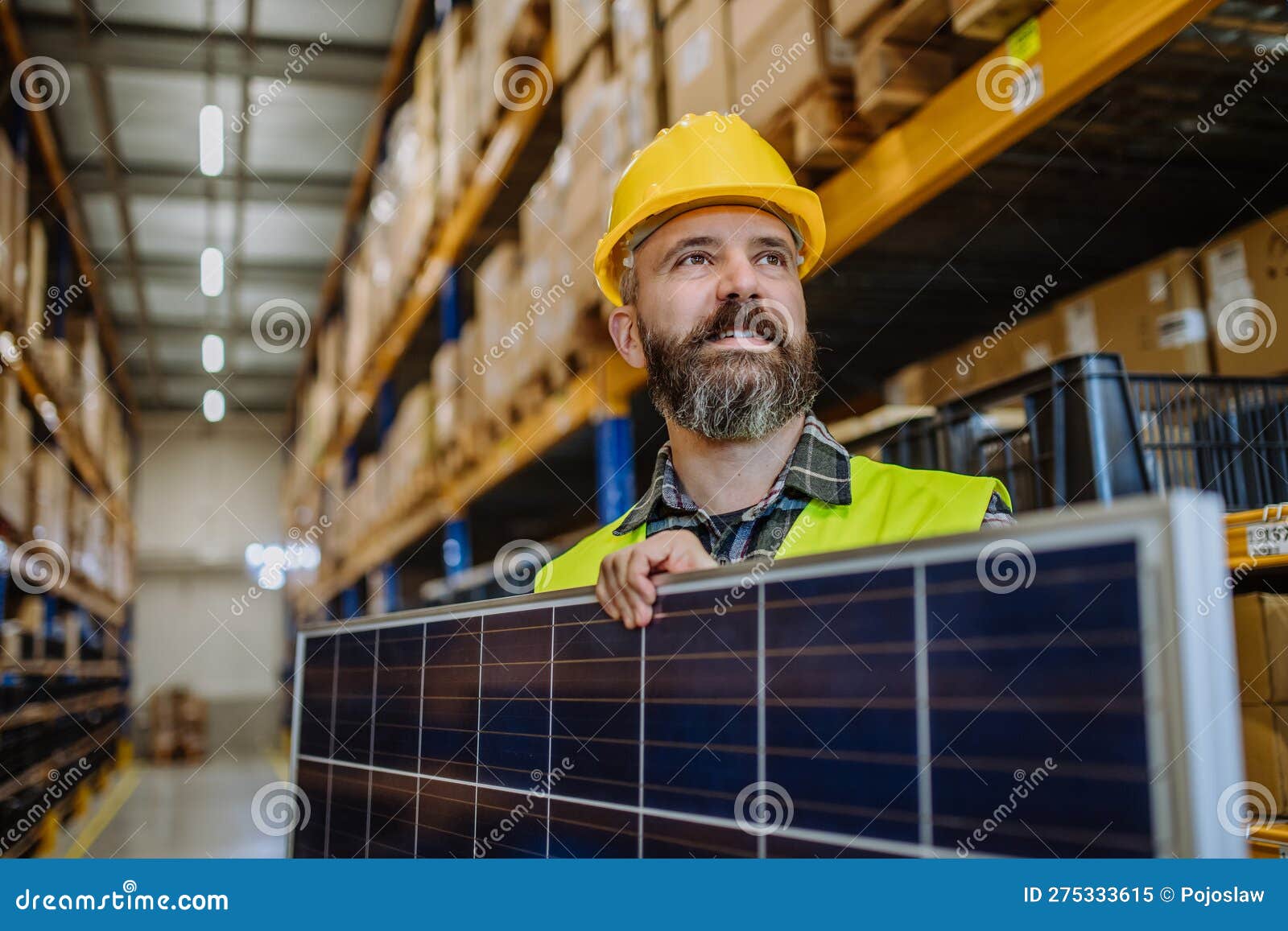 Portrait of Warehouse Worker with Solar Panel. Stock Image - Image of ...