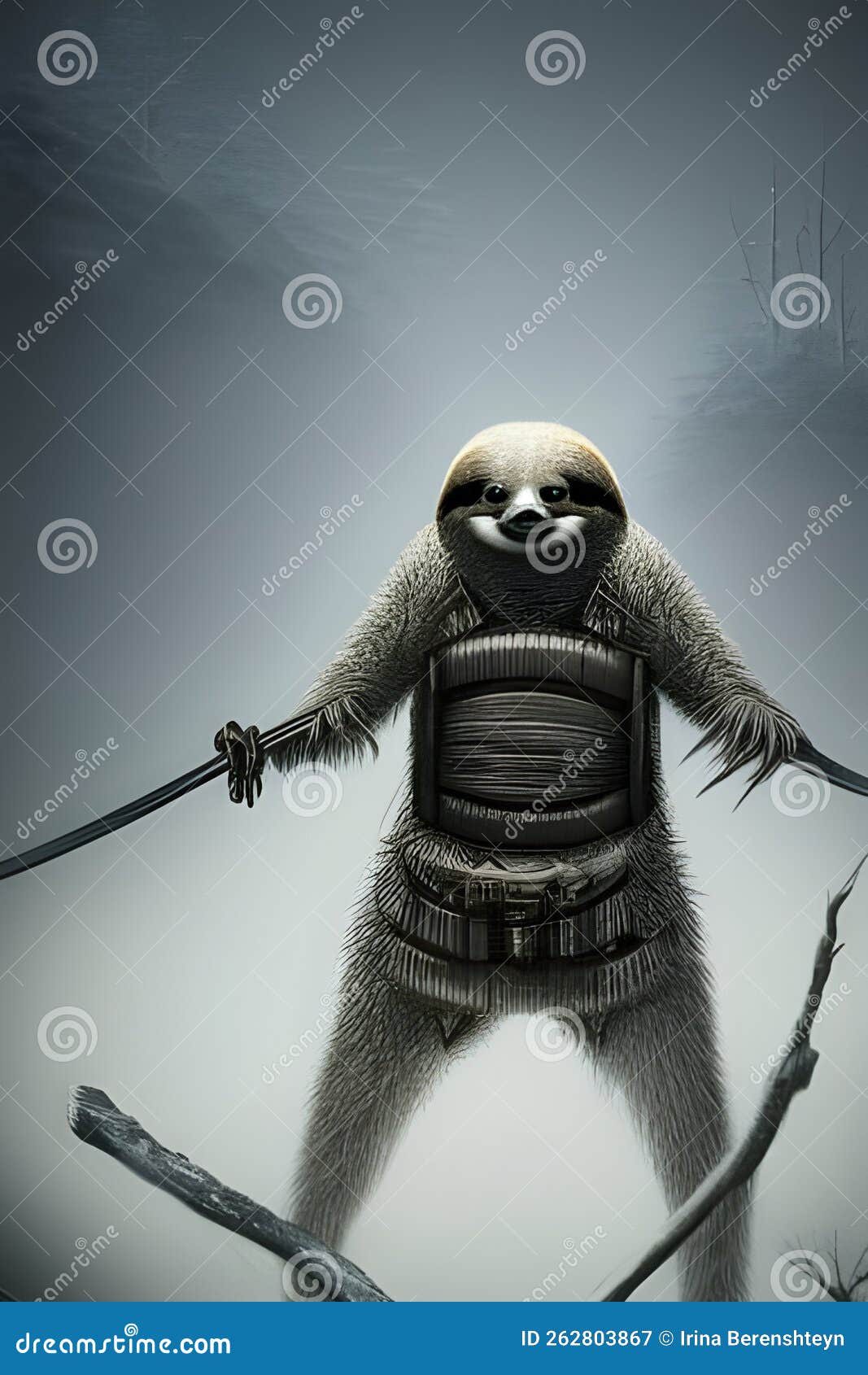 Portrait of a Warrior Sloth in the Mountains. Digital Illustration ...