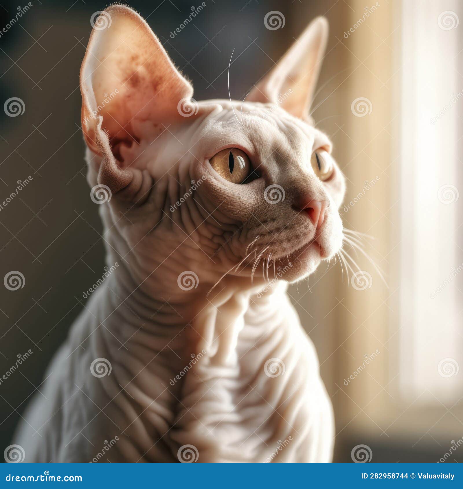 Portrait of a White Devon Rex Cat Sitting in a Light Room beside a ...
