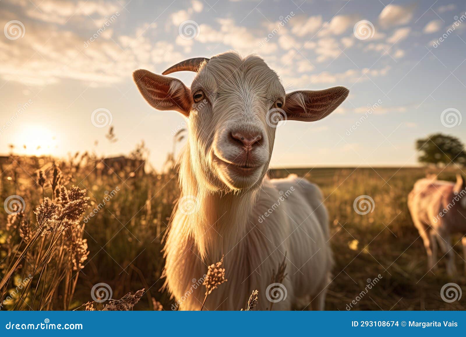 Portrait of a White Farming Goat at Sunset in a Field Stock ...