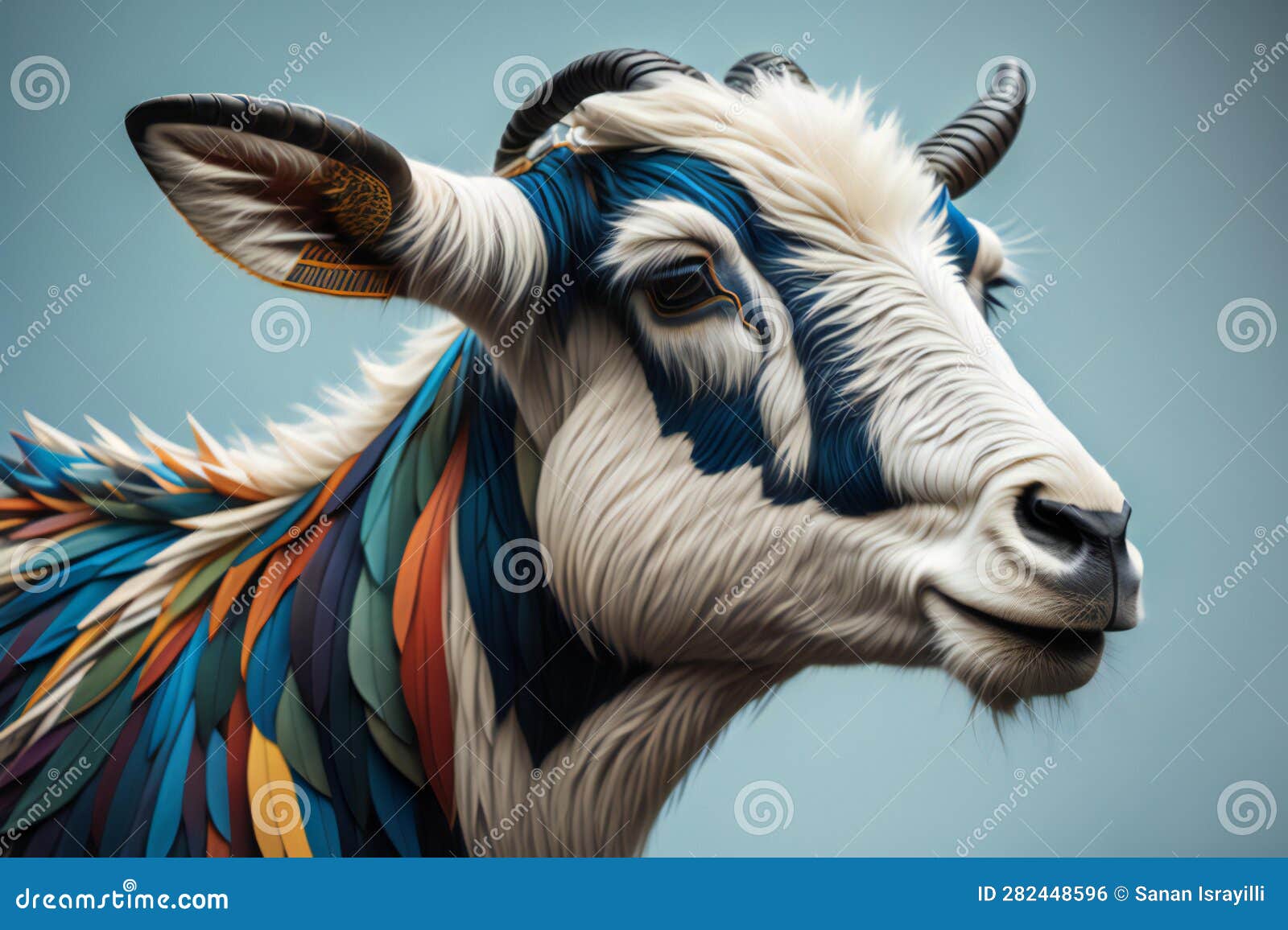 Portrait of a White Goat with Multicolored Feathers on a Blue ...