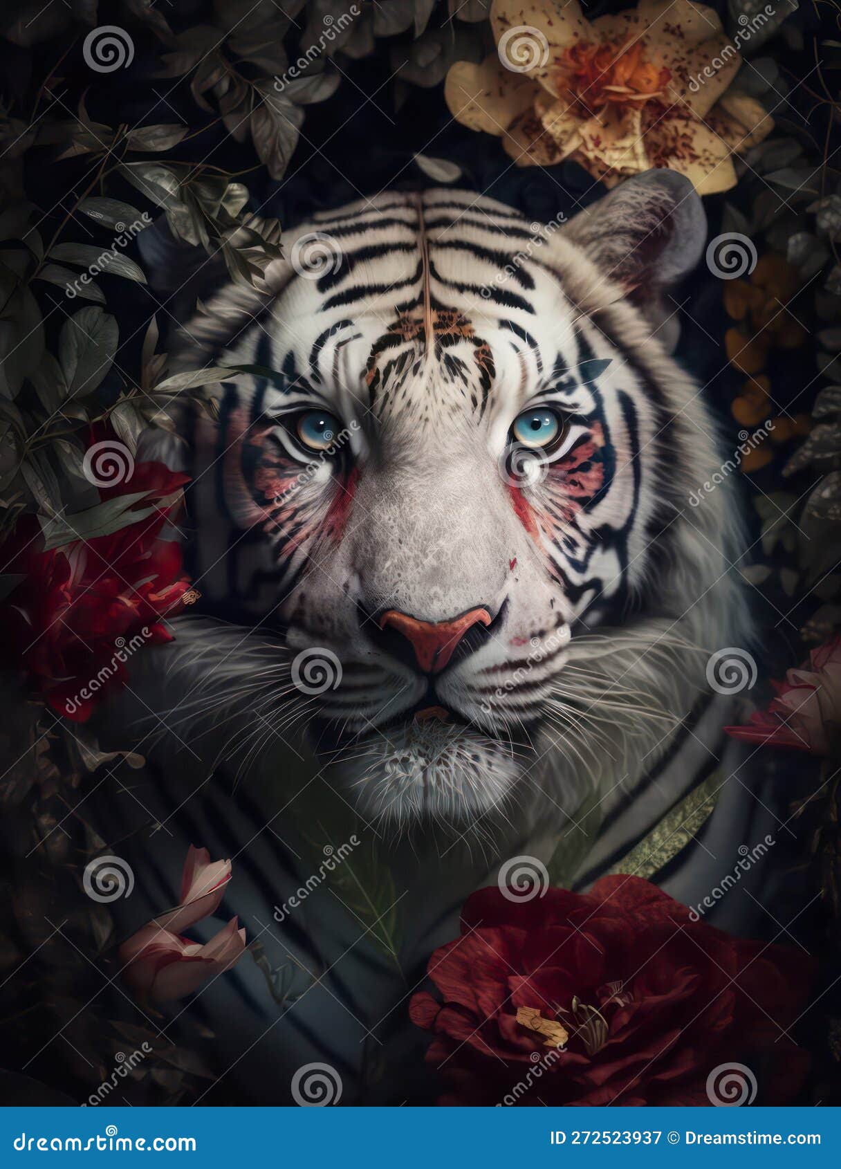 White tiger among flowers. stock illustration. Illustration of predator ...