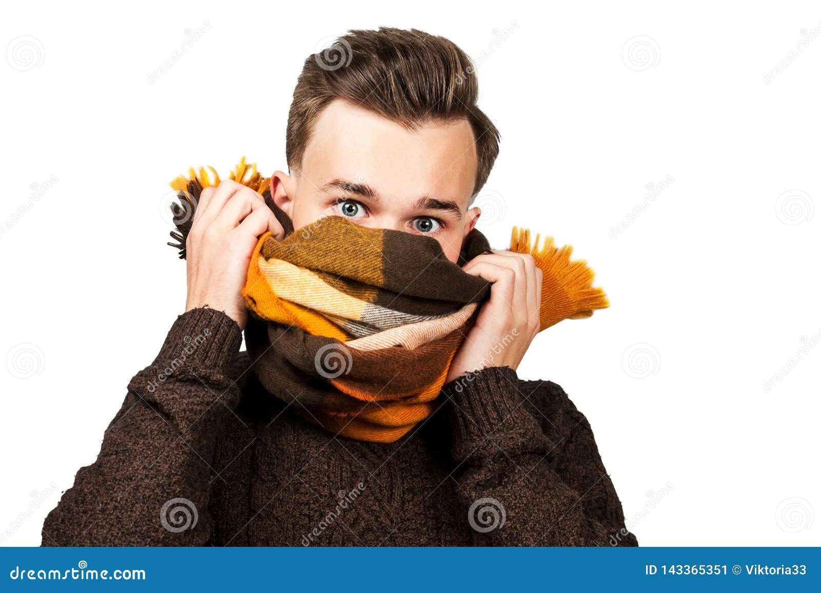 Portrait White Young Guy Hiding His Face in Sweater. Isolated on a ...