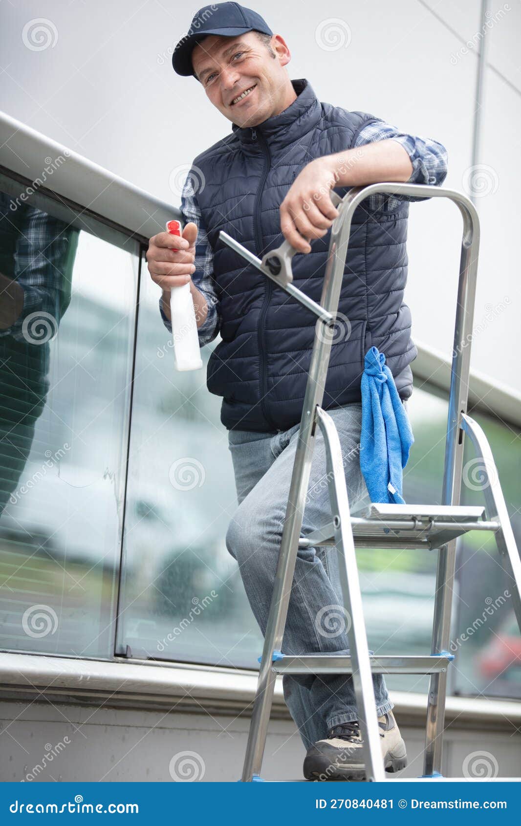 Portrait Window Cleaner on Stepladder Stock Image - Image of smile ...