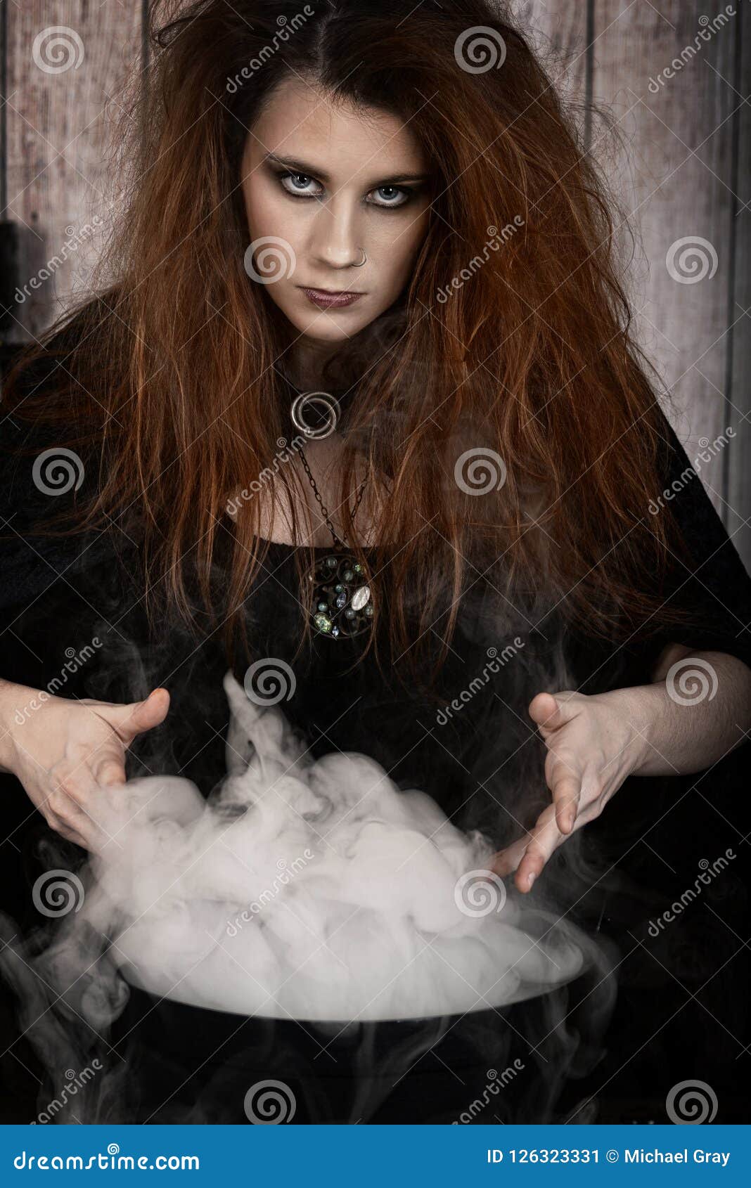 Portrait of Witch with Magic Smoking Cauldron Stock Image - Image of ...