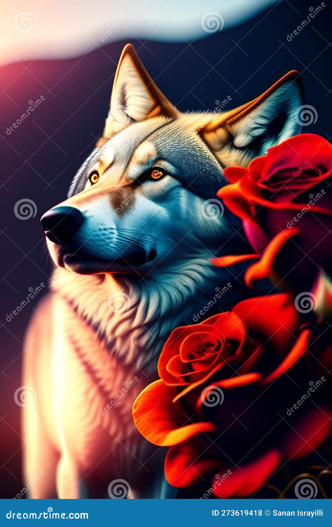 Portrait of a Wolf with a Bouquet of Red Roses Stock Illustration ...
