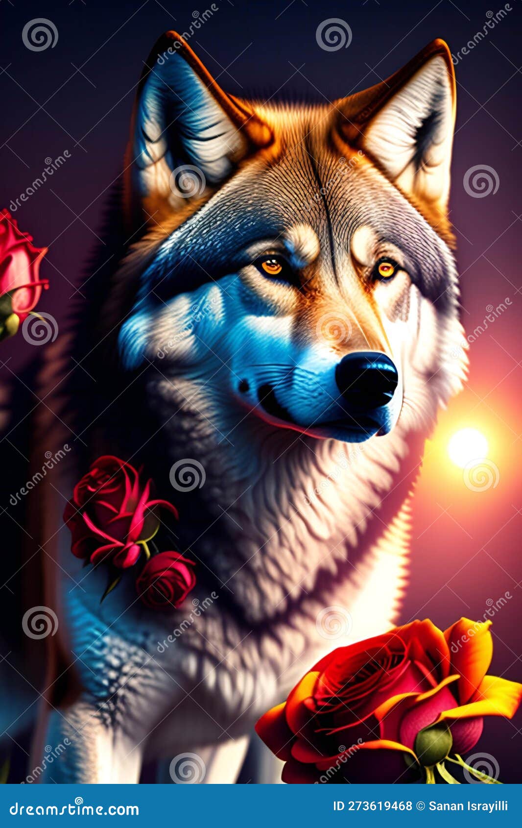 Portrait of a Wolf with a Bouquet of Red Roses Stock Illustration ...