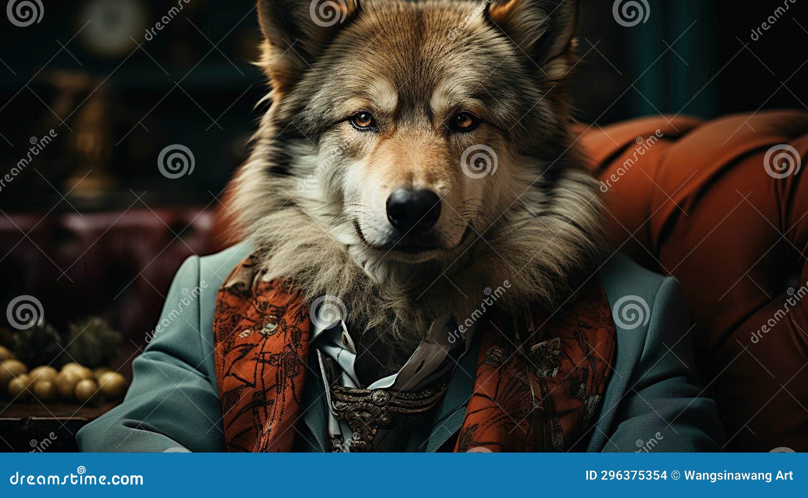 Portrait of a Wolf in a Jacket and Scarf on a Sofa Stock Illustration ...