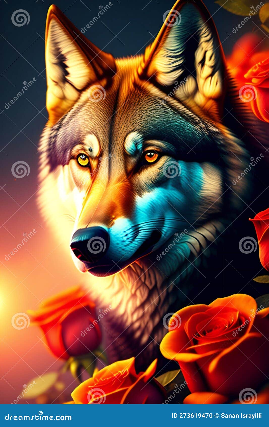 Portrait of a Wolf with Red Roses. 3D Rendering Stock Illustration ...