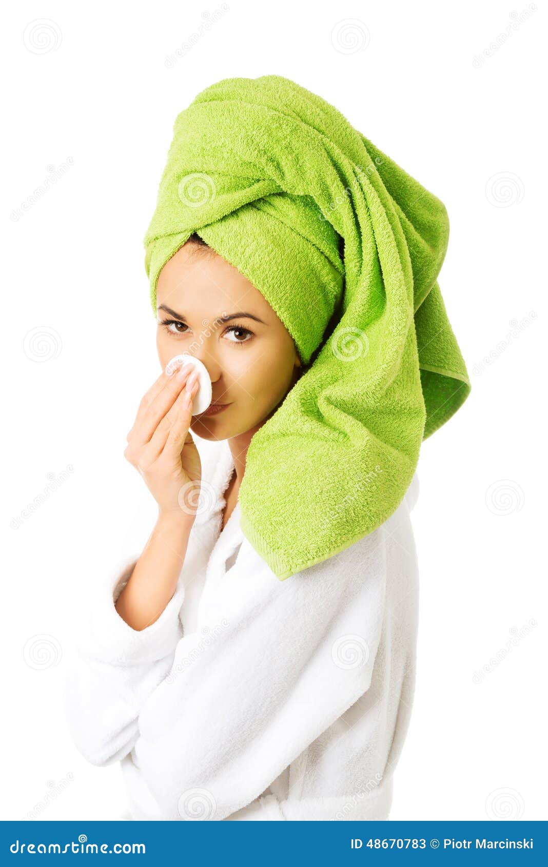 Portrait of a Woman in Bathrobe Removing Makeup Stock Image - Image of ...