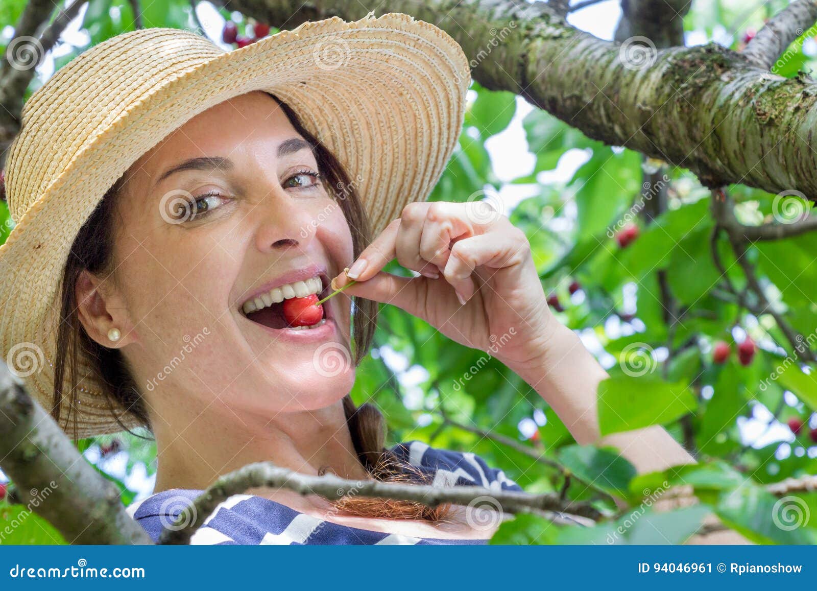 Portrait of Woman Biting a Cherry. Stock Image - Image of fruit, biting ...