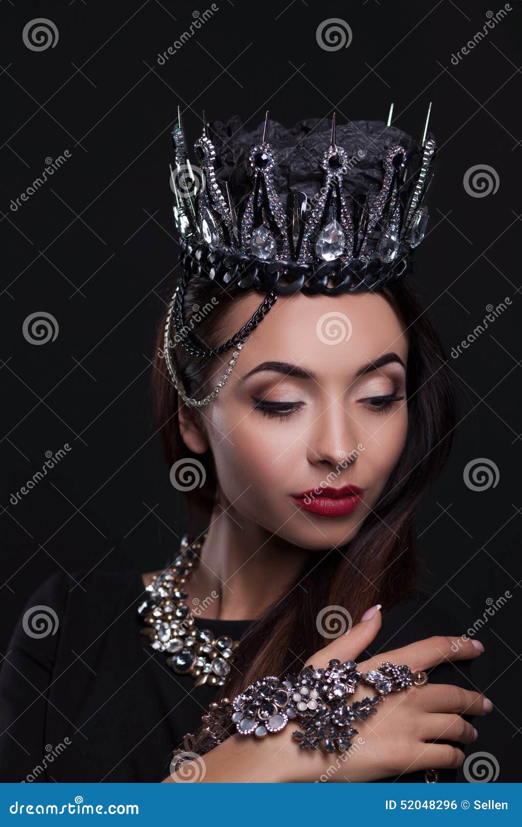 Portrait of Woman in Black Crown Stock Photo - Image of female, ornate ...